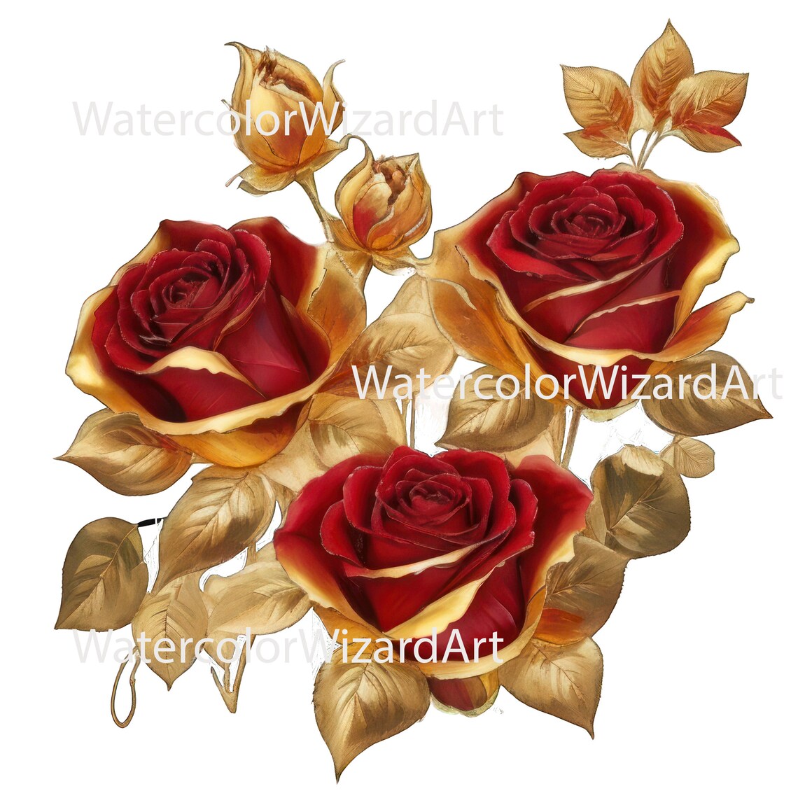 Watercolour Red Gold Roses Clipart Cute Red Gold Roses Png - Etsy