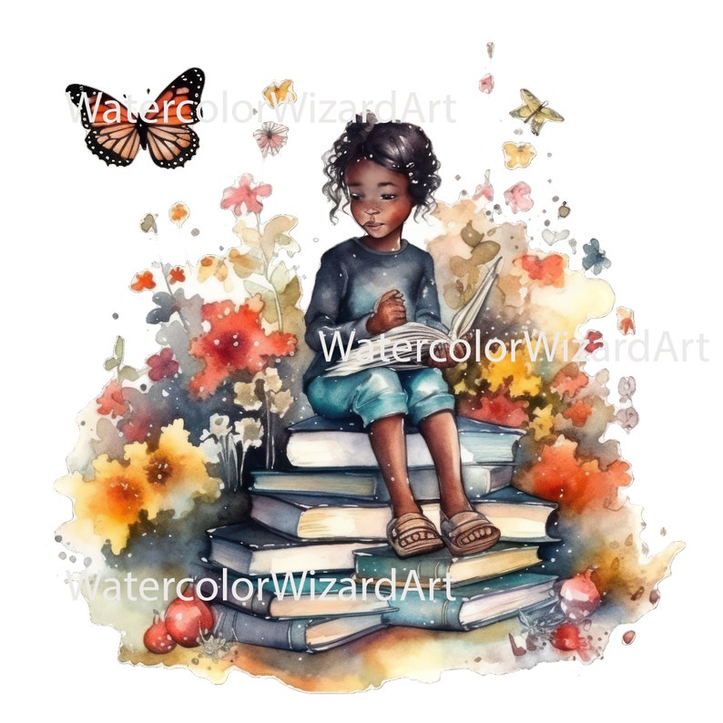 Watercolour Black Kids Clipart, Kids Reading Books Clipart, Book Lover ...