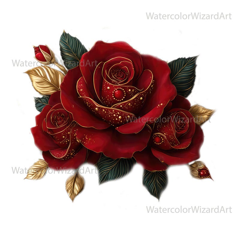 Watercolor Printable Red Gold Roses Clipart, Fine Line Art (PNG) - Etsy