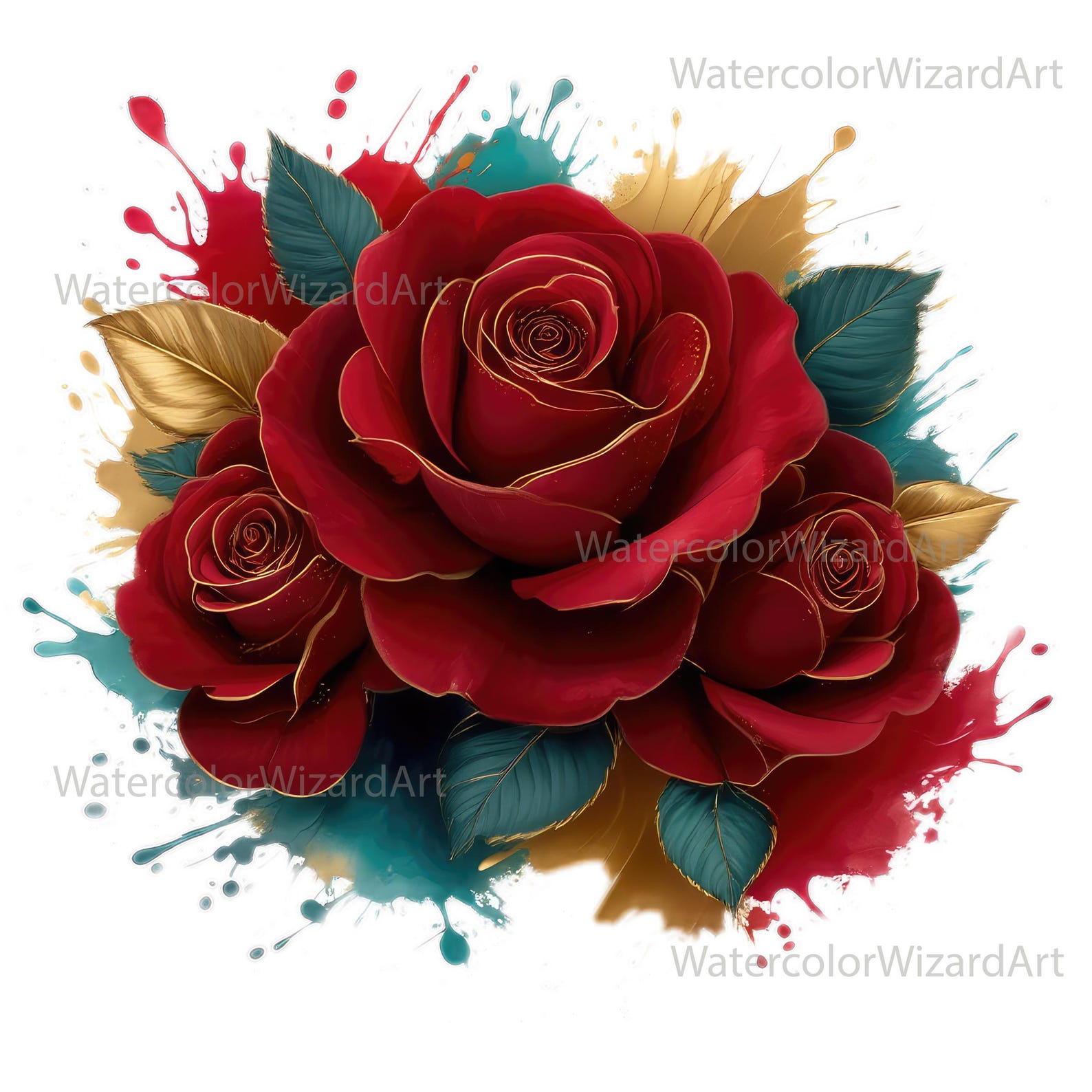 Watercolor Printable Red Gold Roses Clipart, Fine Line Art (PNG) - Etsy