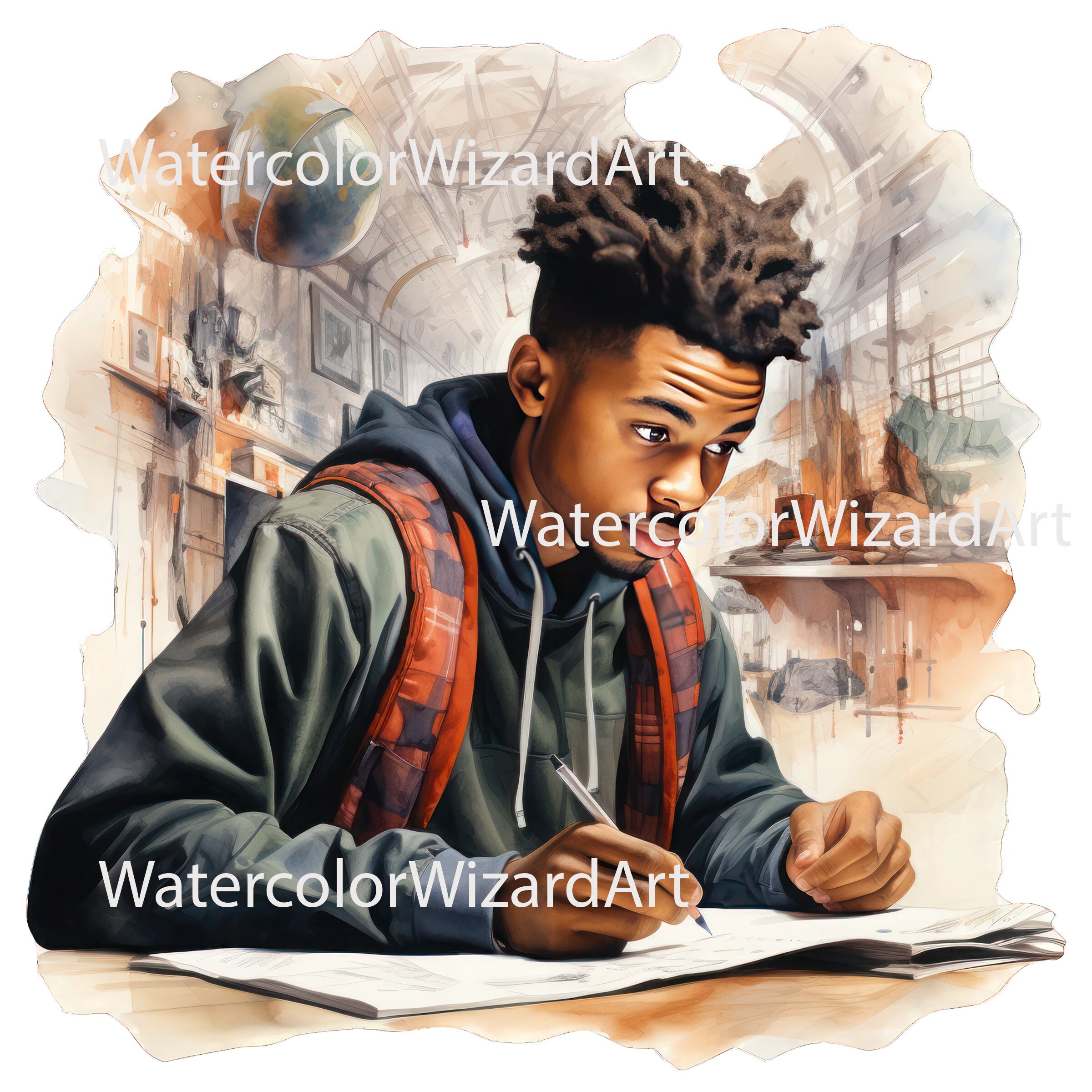Watercolour Black Boy Student Clipart, African American Man Writer Png ...