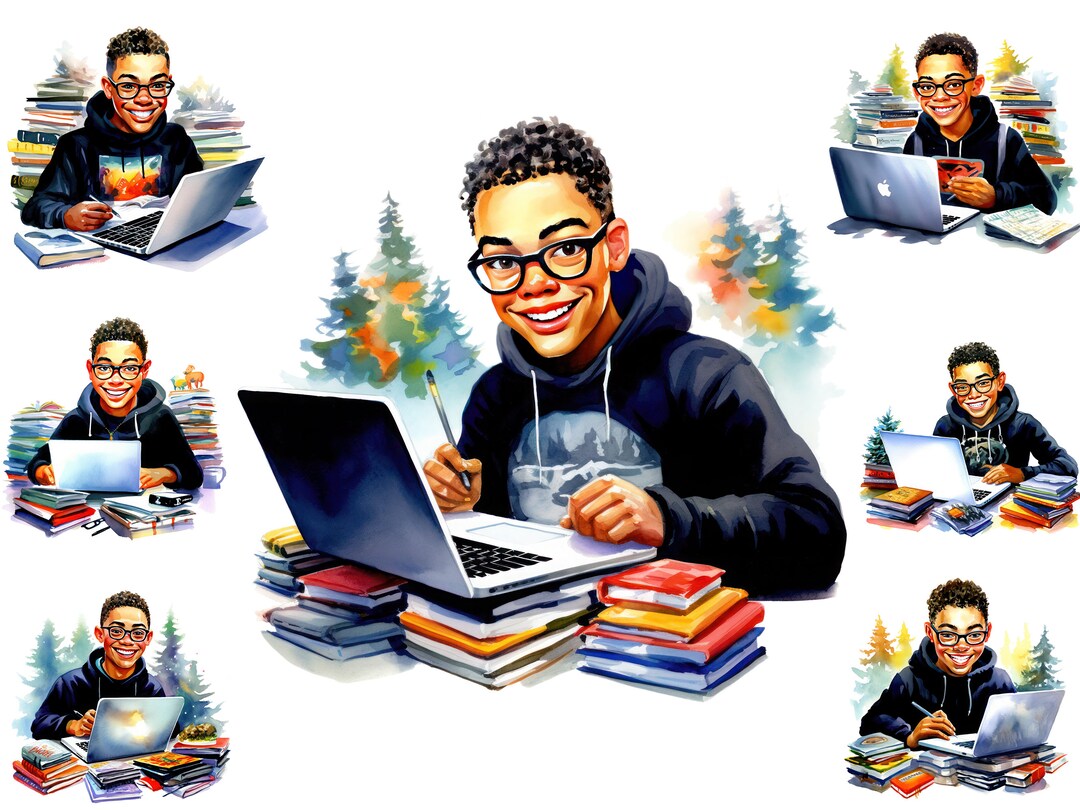 Watercolour Black Boy Student Clipart, African American Boy Studying ...