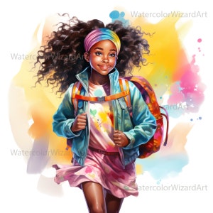 Watercolour African American School Girl Clipart, Black Girl Back to ...