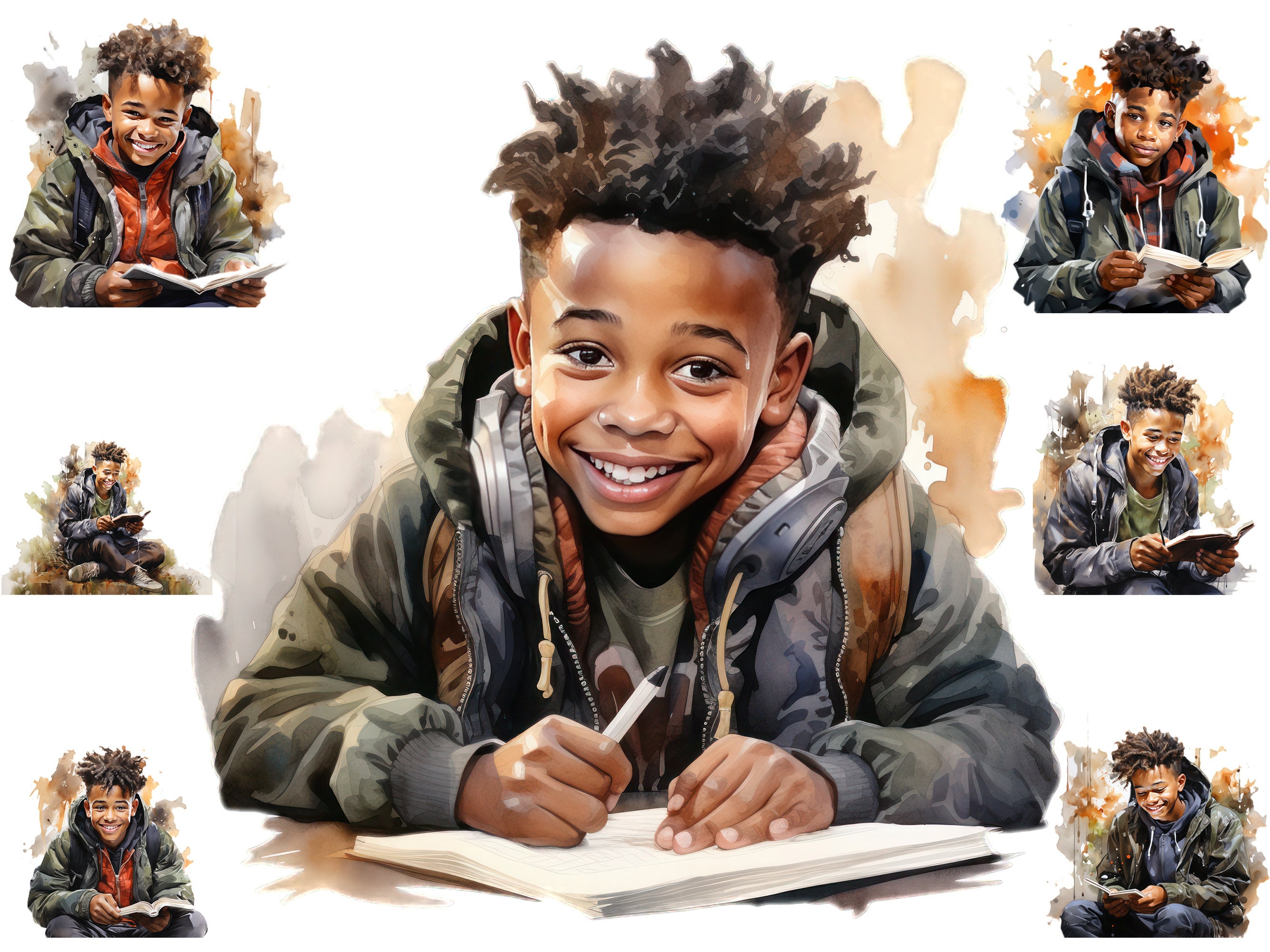 Watercolour Happy Smiling Black Boy Clipart, Boy Writing by Hand ...