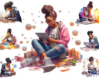 Watercolour Black Girl Reading Clipart, Girl Studying Clipart, Book ...