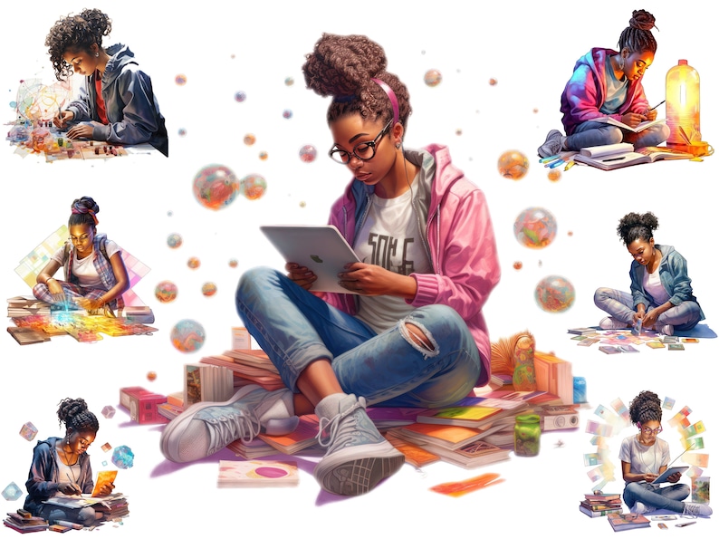 Watercolour Black Girl Reading Clipart, Girl Studying Clipart, Book ...