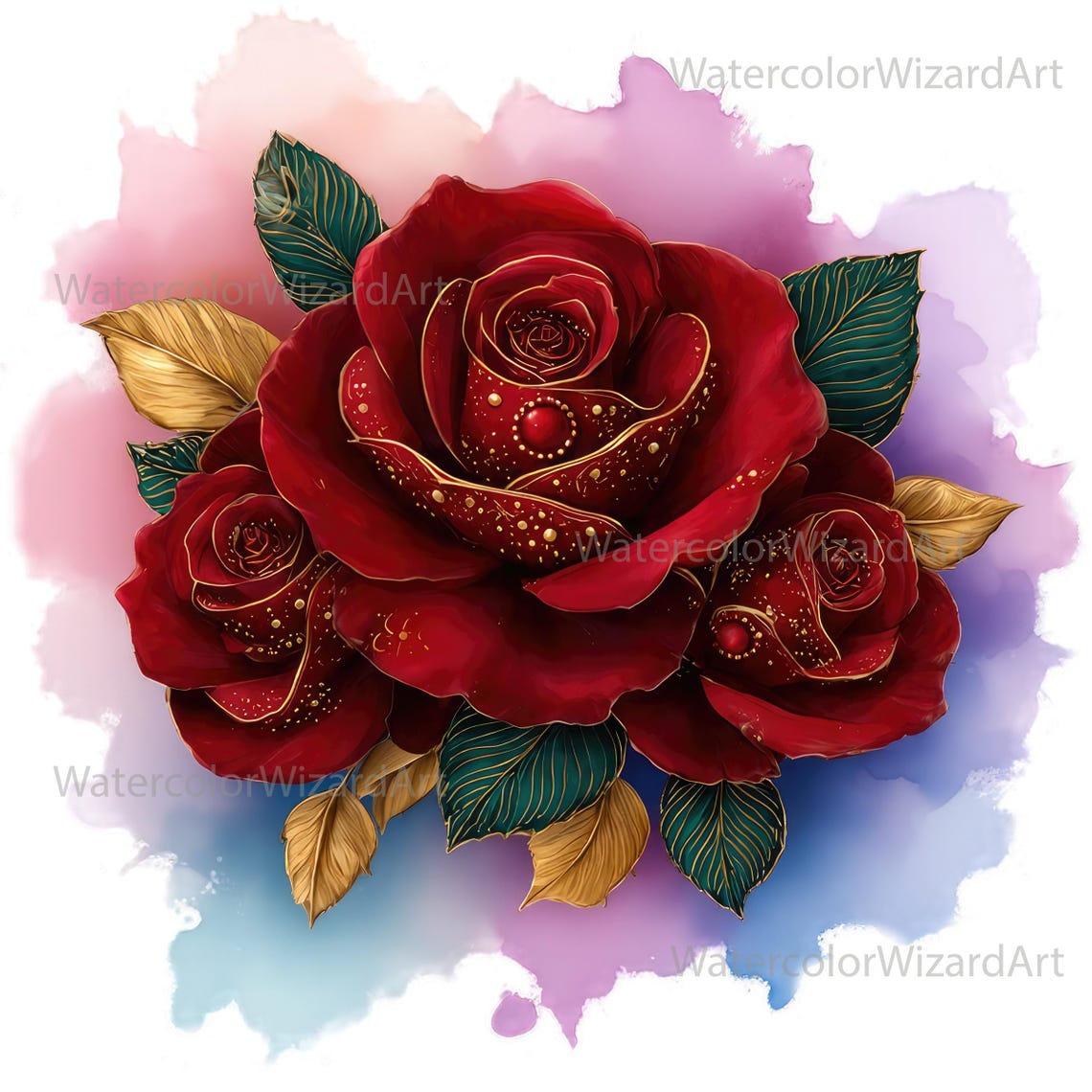 Watercolor Printable Red Gold Roses Clipart, Fine Line Art (PNG) - Etsy