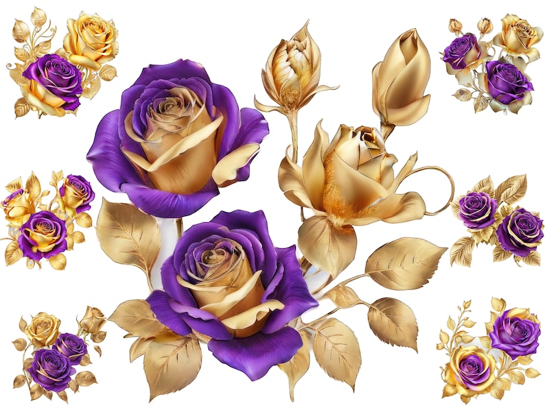 Watercolour Gold Purpl Roses Clipart, Purple Gold Roses Png, Flowers ...