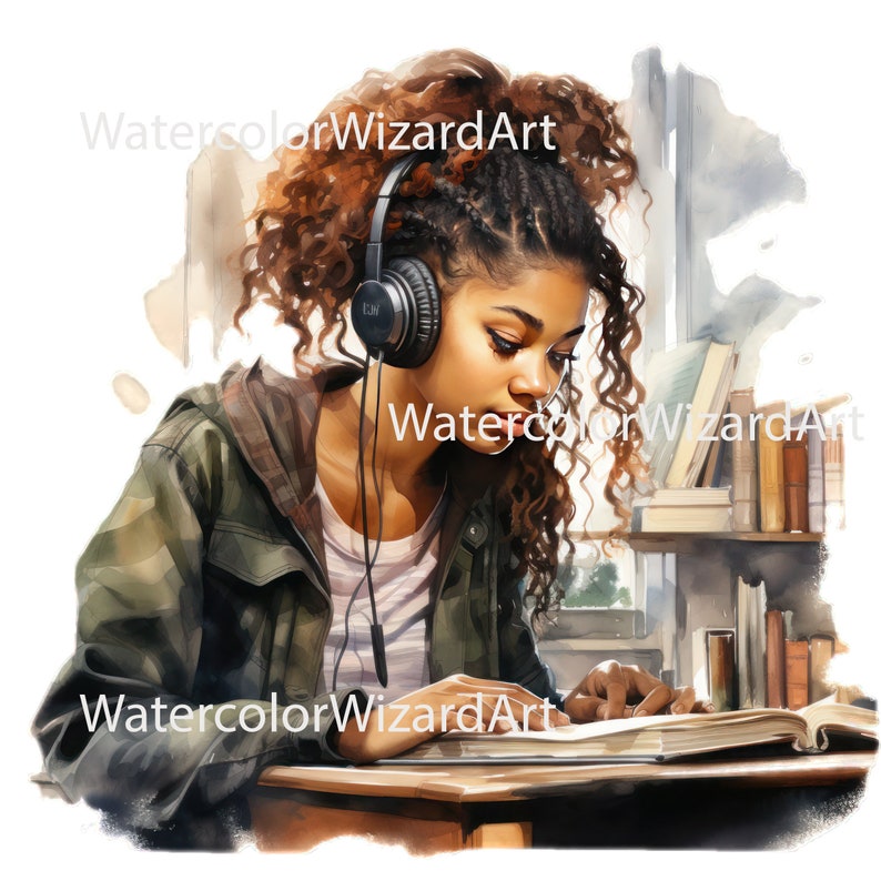 Watercolour Black Girl Student Clipart Girl Writing Reading - Etsy