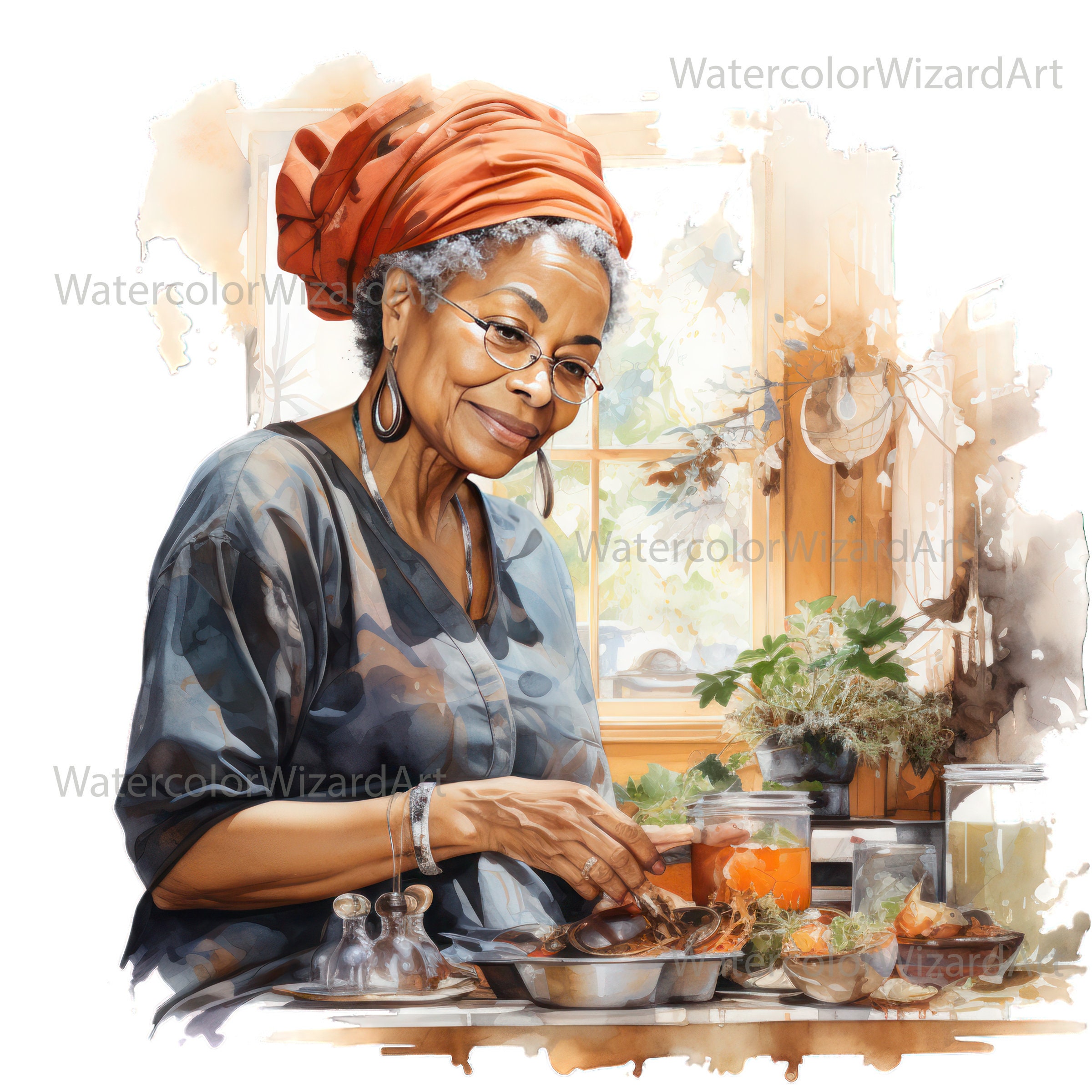Watercolour Black Elderly Woman Culinary Clipart, Grandmother Cooking ...