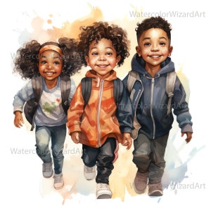 Watercolour African American Kids Clipart, Kids Back to School Png ...