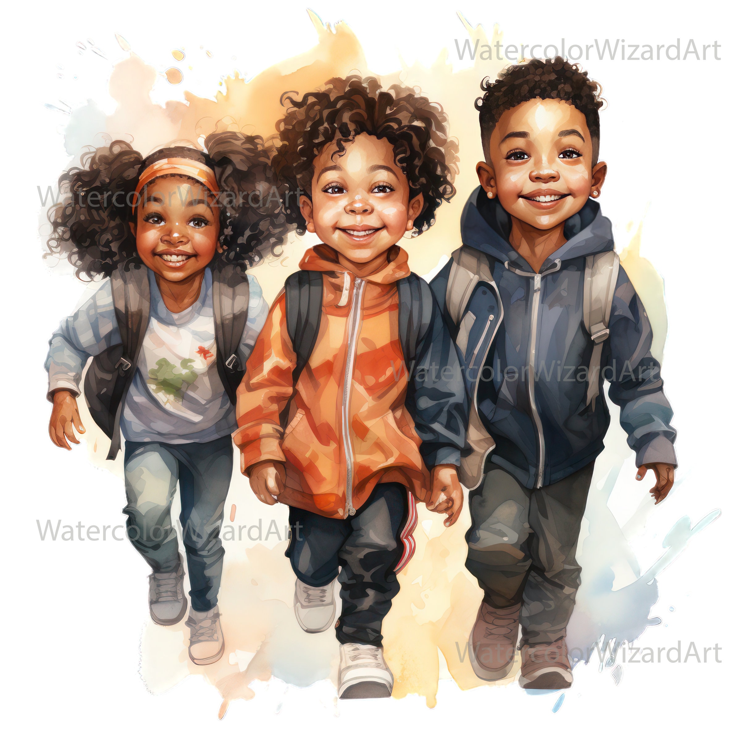 Watercolour African American Kids Clipart Kids Back to School - Etsy