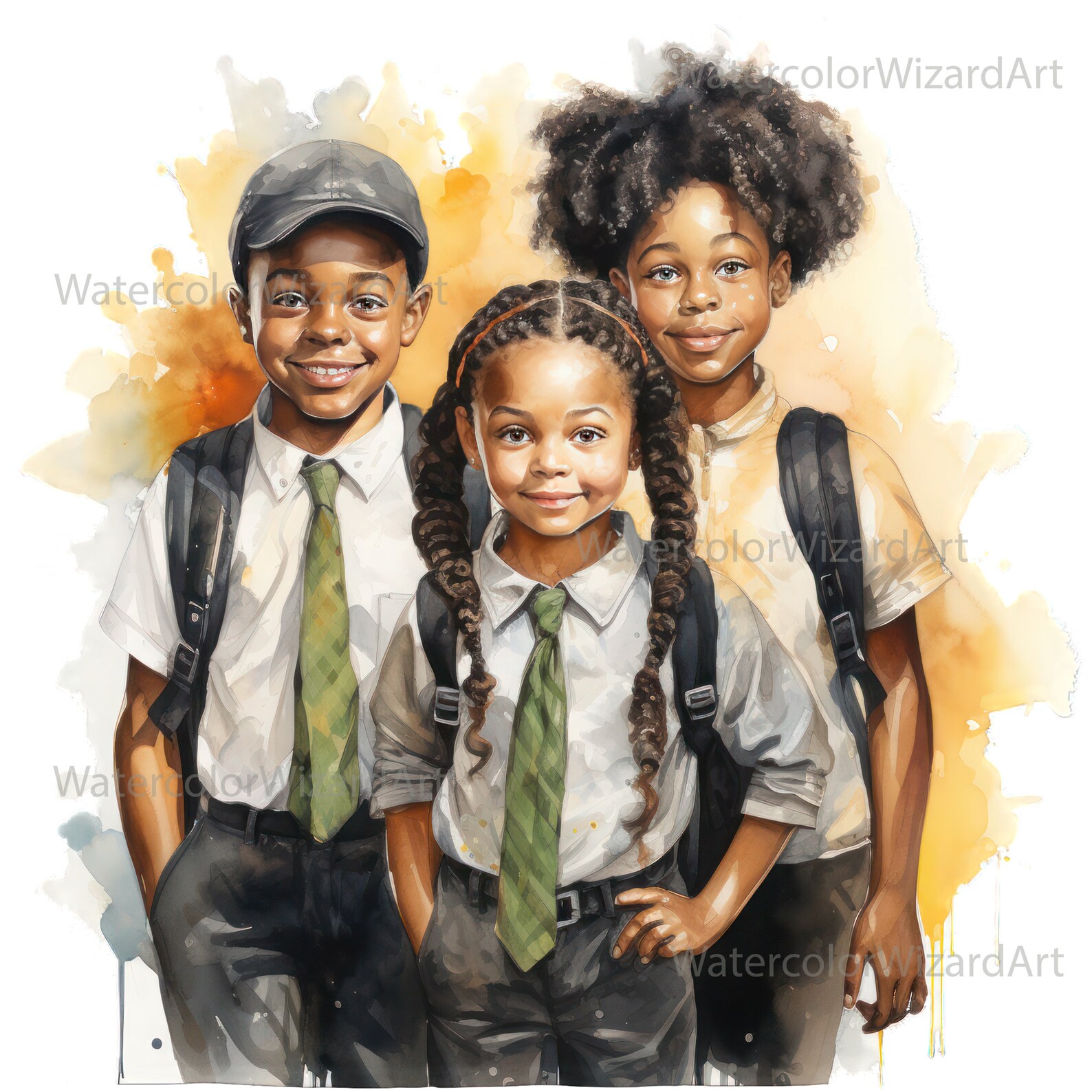 Watercolour African American Kids Clipart, Kids Back to School Png ...