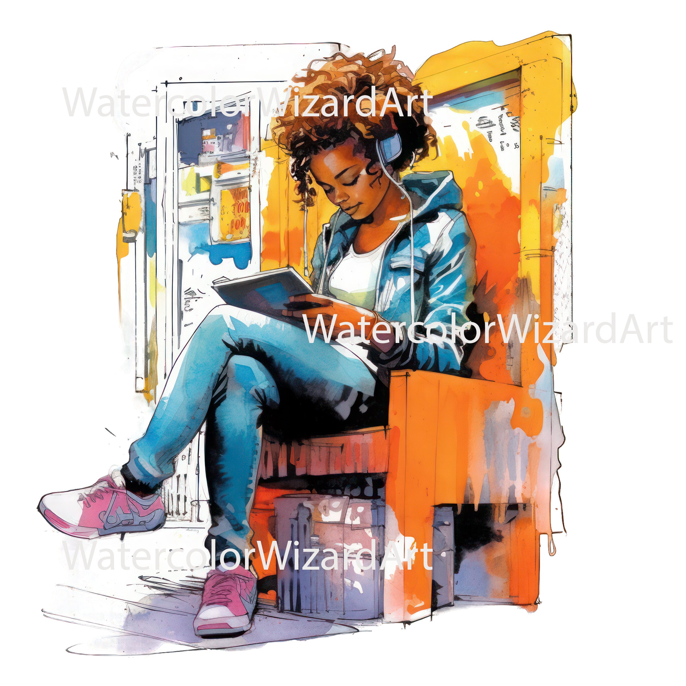 Watercolour Urban Reading Corner Png, Black Girl Books Clipart, Book ...