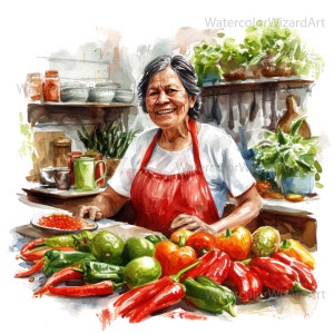 Watercolour Mexican Elderly Woman Cooking Clipart, Hispanic Woman Cook ...
