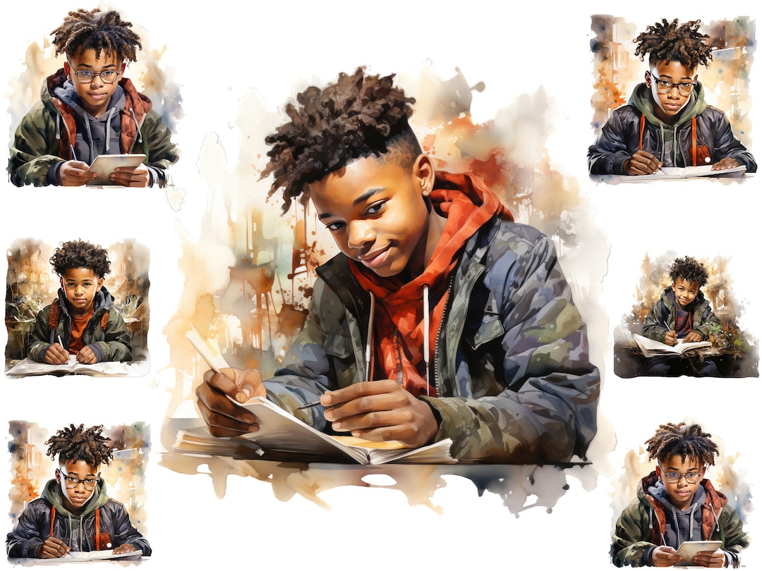 Watercolour Black Boy Reading Writing Clipart, Boy Books Clipart ...