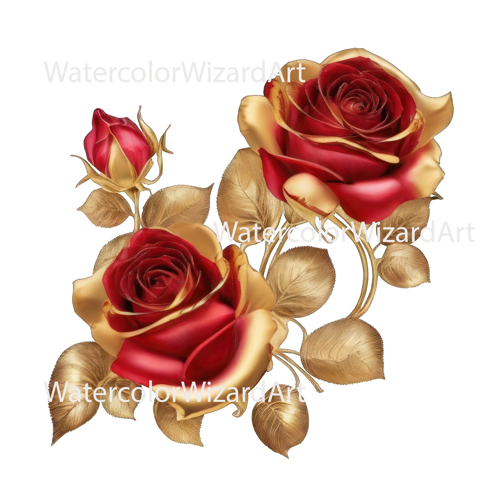 Watercolour Red Gold Roses Clipart, Cute Red Gold Roses Png, Flowers ...