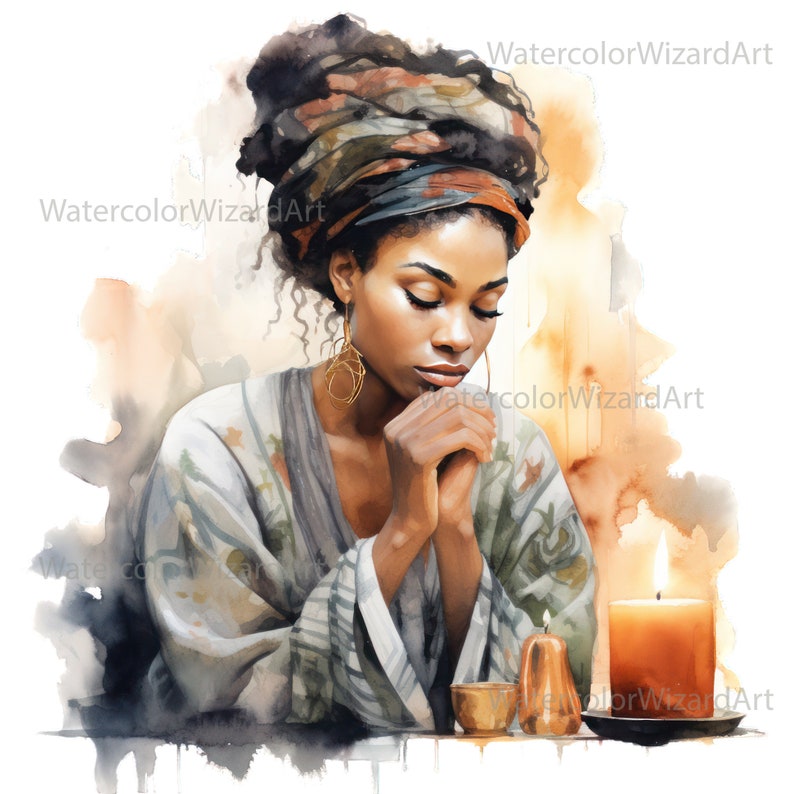 Watercolour Black Woman Praying, African American Woman Praying Clipart, Meditation Png, Full ...