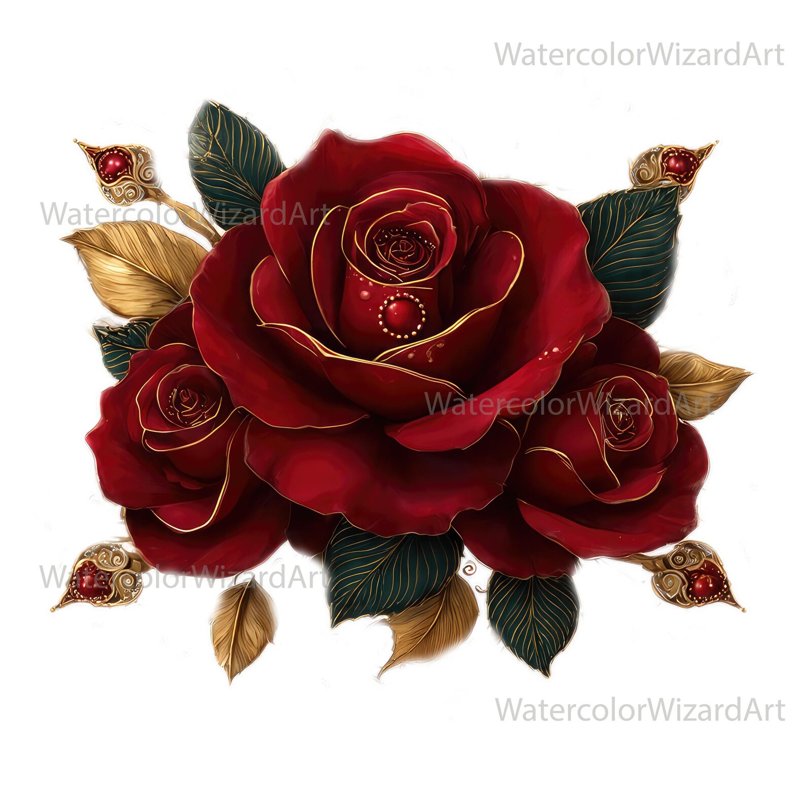 Watercolor Printable Red Gold Roses Clipart, Fine Line Art (PNG) - Etsy
