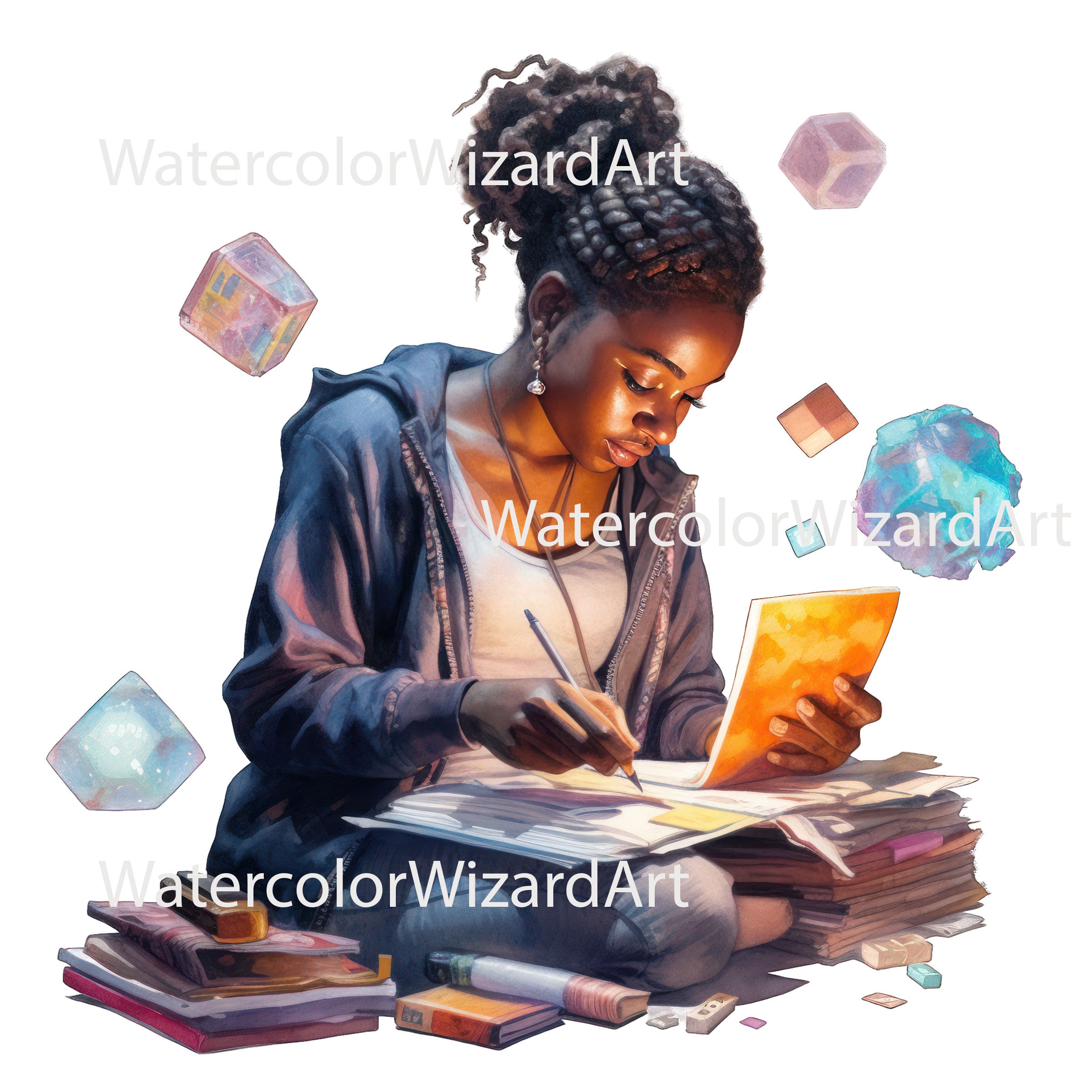 Watercolour Black Girl Reading Clipart, Girl Studying Clipart, Book ...