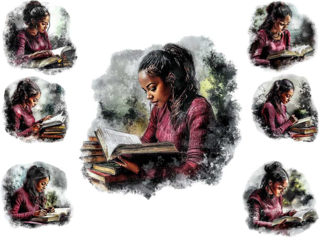 Watercolour Black Girl Reading Clipart, Girl Studying Clipart, Book ...