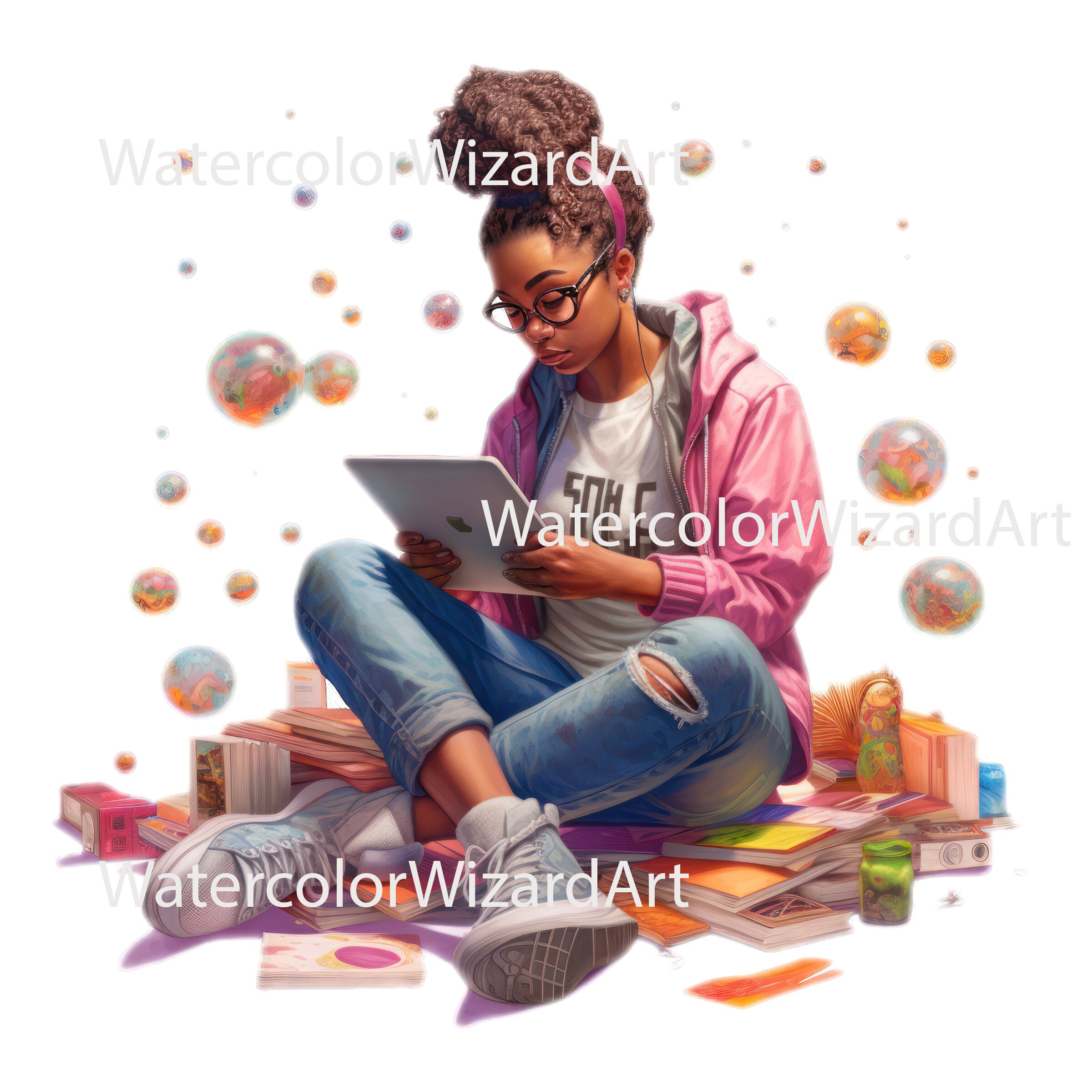 Watercolour Black Girl Reading Clipart, Girl Studying Clipart, Book ...