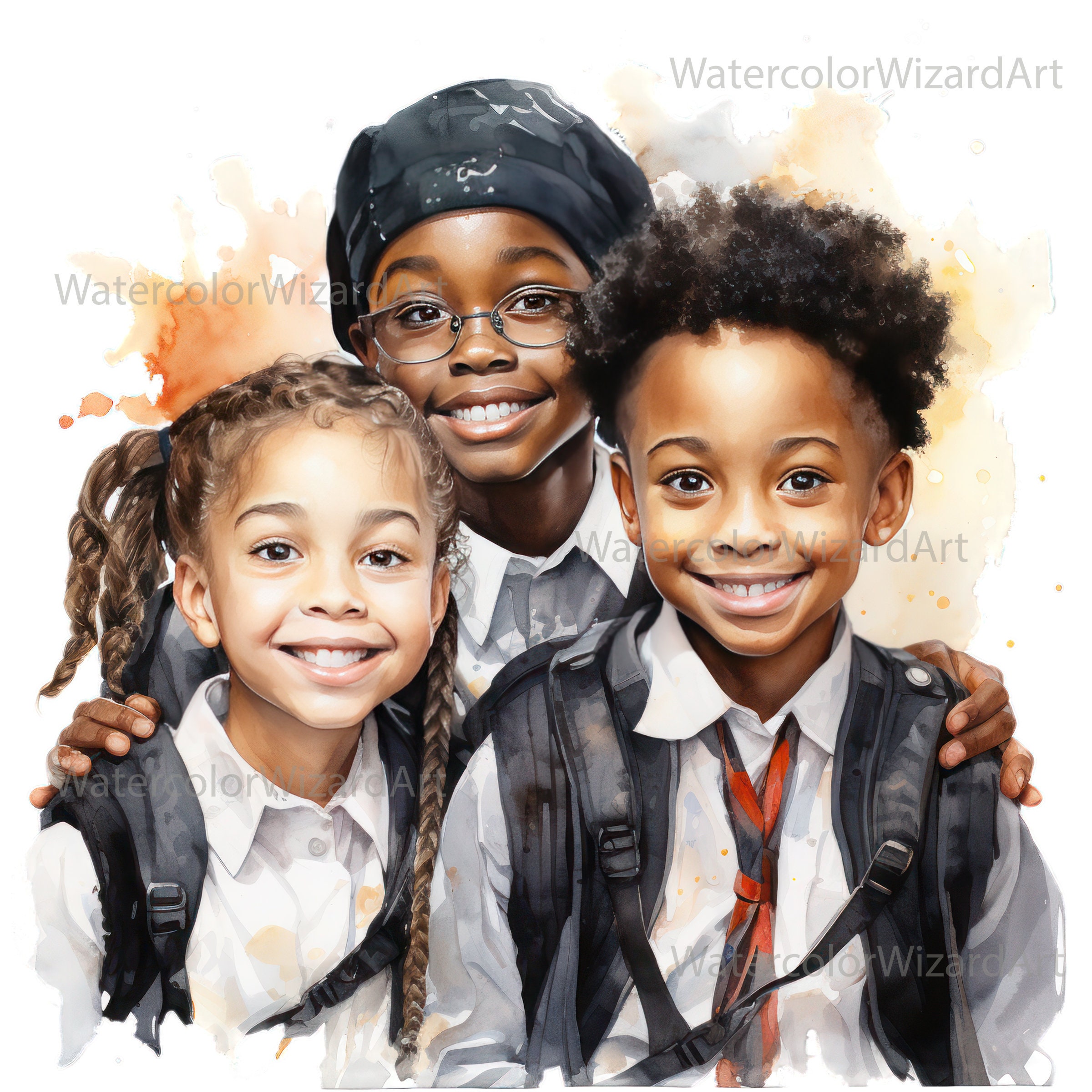Watercolour African American Kids Clipart Kids Back to School - Etsy