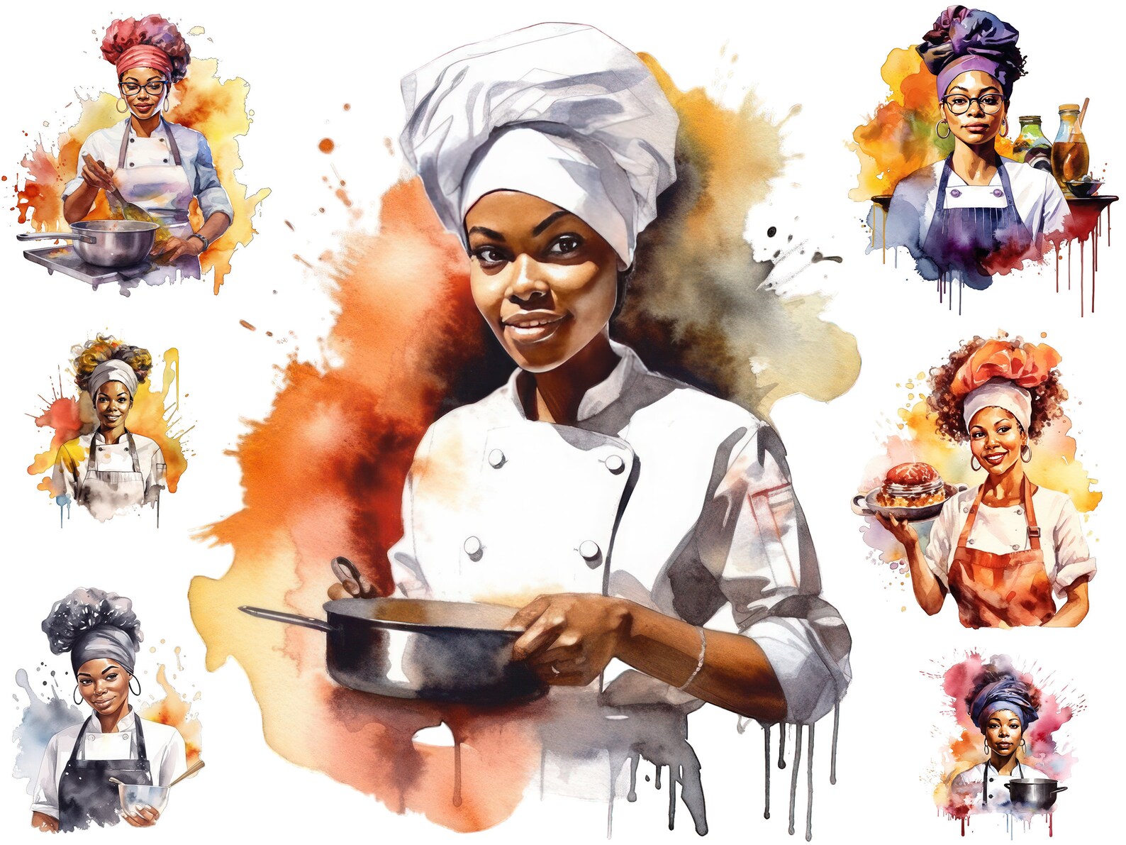 Watercolour Black Woman Chef Clipart, Afro Woman Chef Png, Cooking Job ...