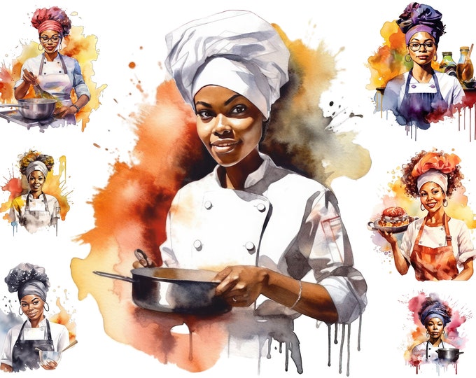 7 Watercolor , Black Woman Cooking Clipart, Afro American Woman Cook ...