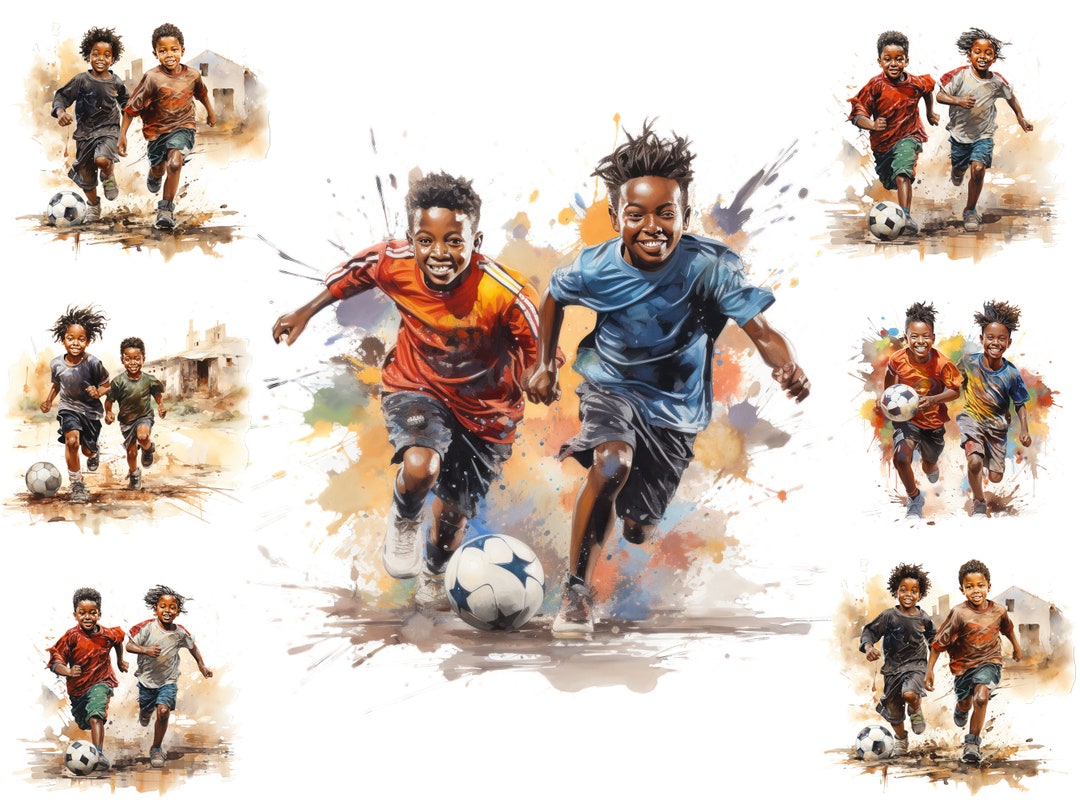 Watercolour Happy Black Kids Playing Soccer Clipart, Kids Playing ...