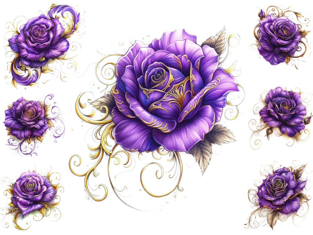 Watercolour Gold Purple Roses Clipart, Purple Gold Roses Png, Flowers ...