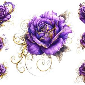 Watercolour Gold Purple Roses Clipart, Purple Gold Roses Png, Flowers ...