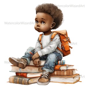 Watercolour Bookworm Black Boy Clipart, Boy Books Clipart, Book Lover ...