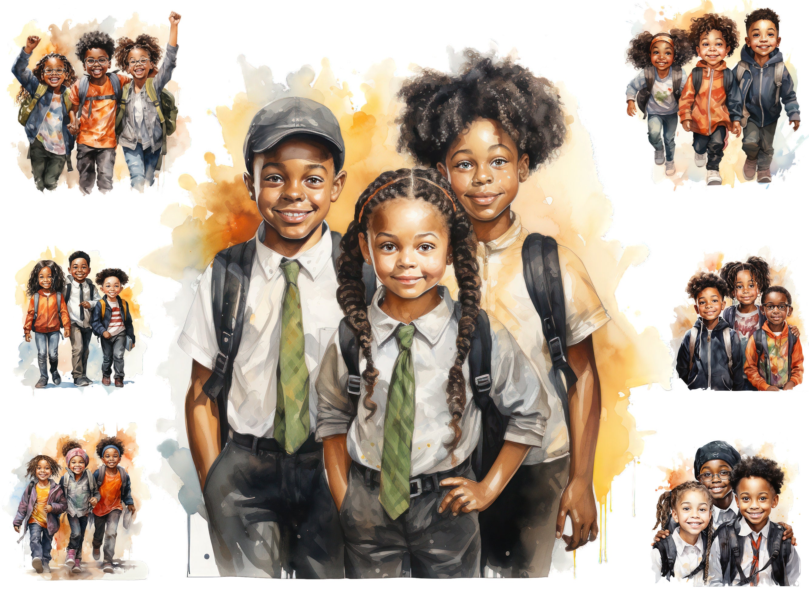 Watercolour African American Kids Clipart, Kids Back to School Png ...