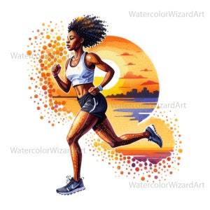 Watercolour Black Girl Running in the Sunset Clipart, Woman Sports ...