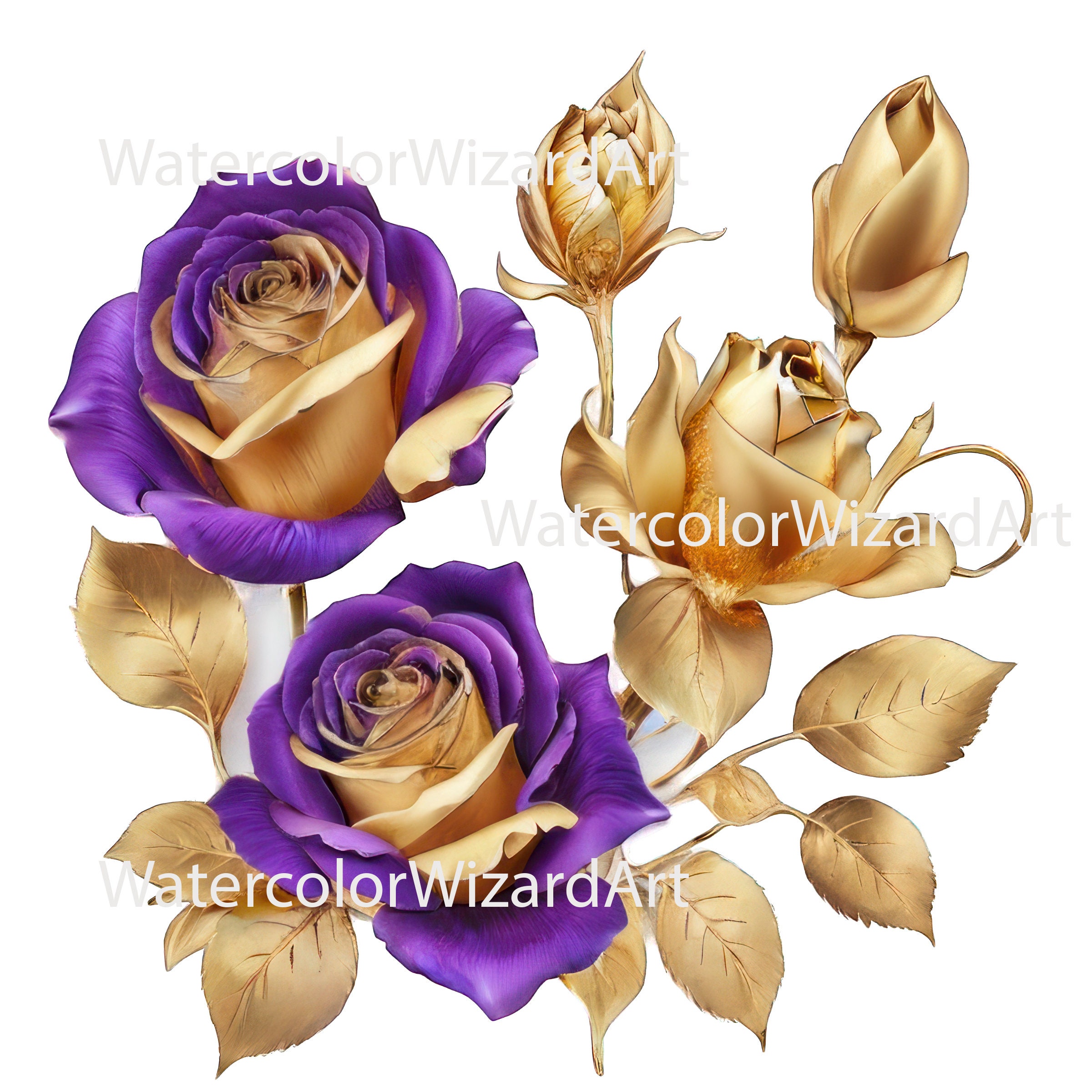 Watercolour Gold Purpl Roses Clipart, Purple Gold Roses Png, Flowers ...