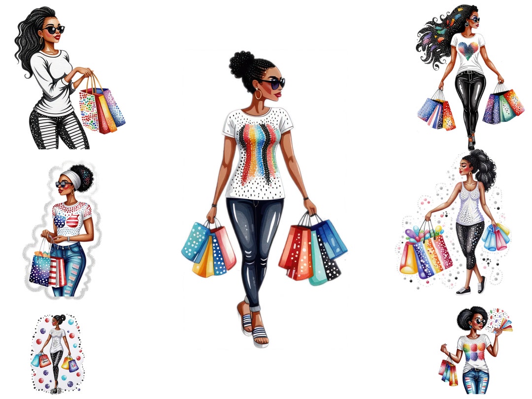 Watercolour Stylish African American Shopping Girl Clipart, Black Woman ...
