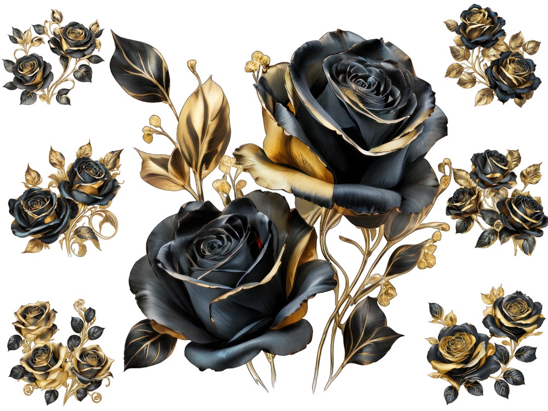 Watercolour Black Gold Roses Clipart, Cute Black Gold Roses Png ...