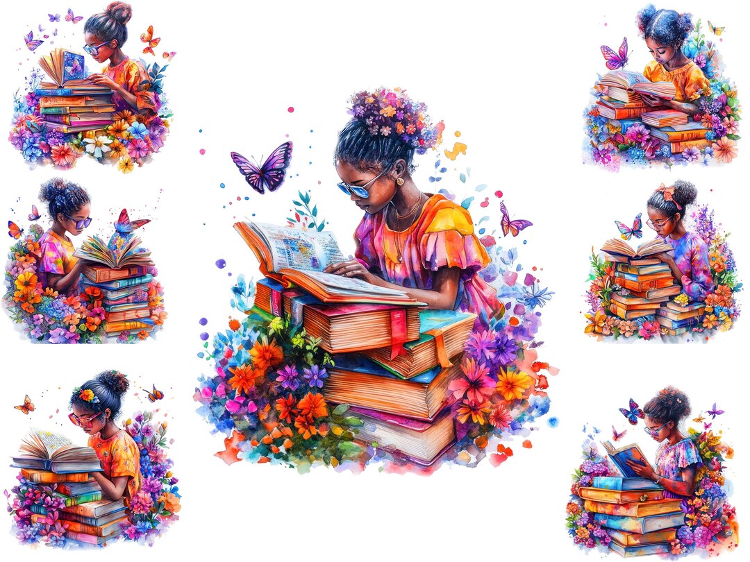 Watercolour Bookish Black Girl Reading Clipart, Girl Studying Clipart ...