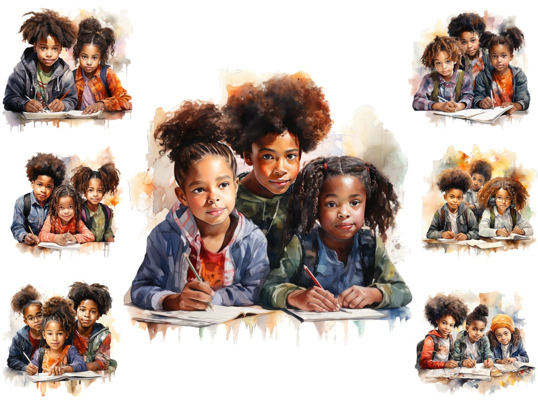 Watercolour African American School Kids Clipart, Black Kids Back to ...