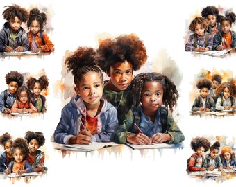 Watercolour African American Kids Clipart, Kids Back to School Png ...
