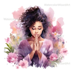 Watercolour Black Woman Praying, African American Woman Praying Clipart, Meditation Png, Full ...