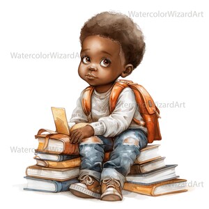 Watercolour Bookworm Black Boy Clipart, Boy Books Clipart, Book Lover ...