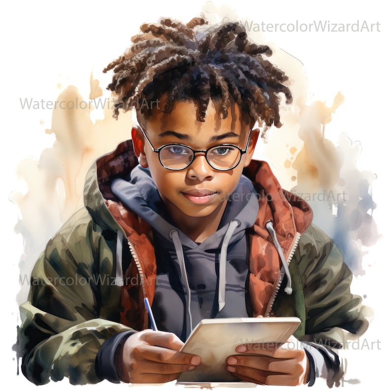 Watercolour Black Boy Reading Writing Clipart, Boy Books Clipart ...