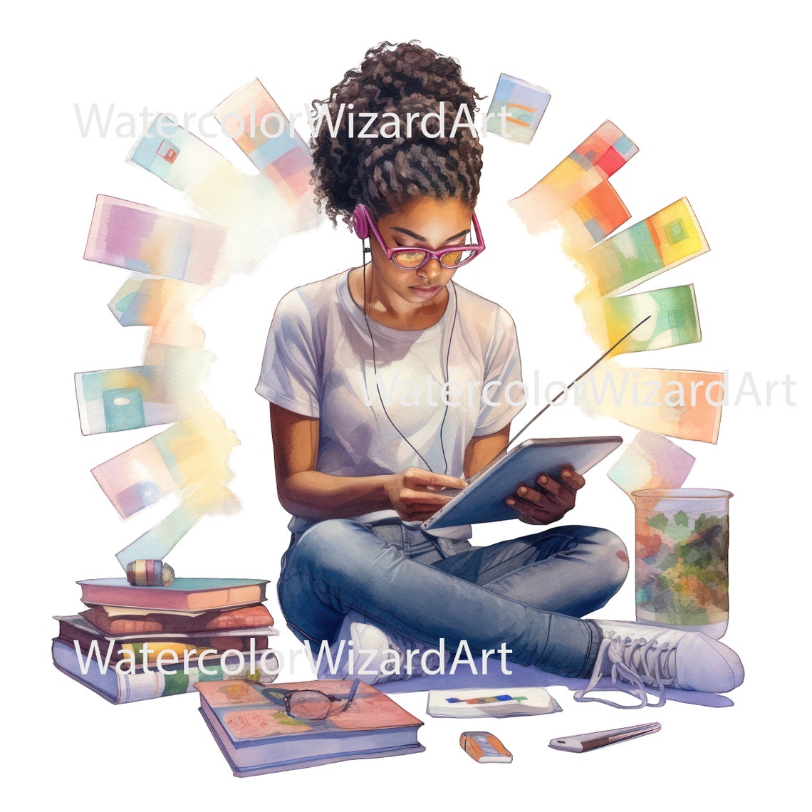 Watercolour Black Girl Reading Clipart, Girl Studying Clipart, Book ...