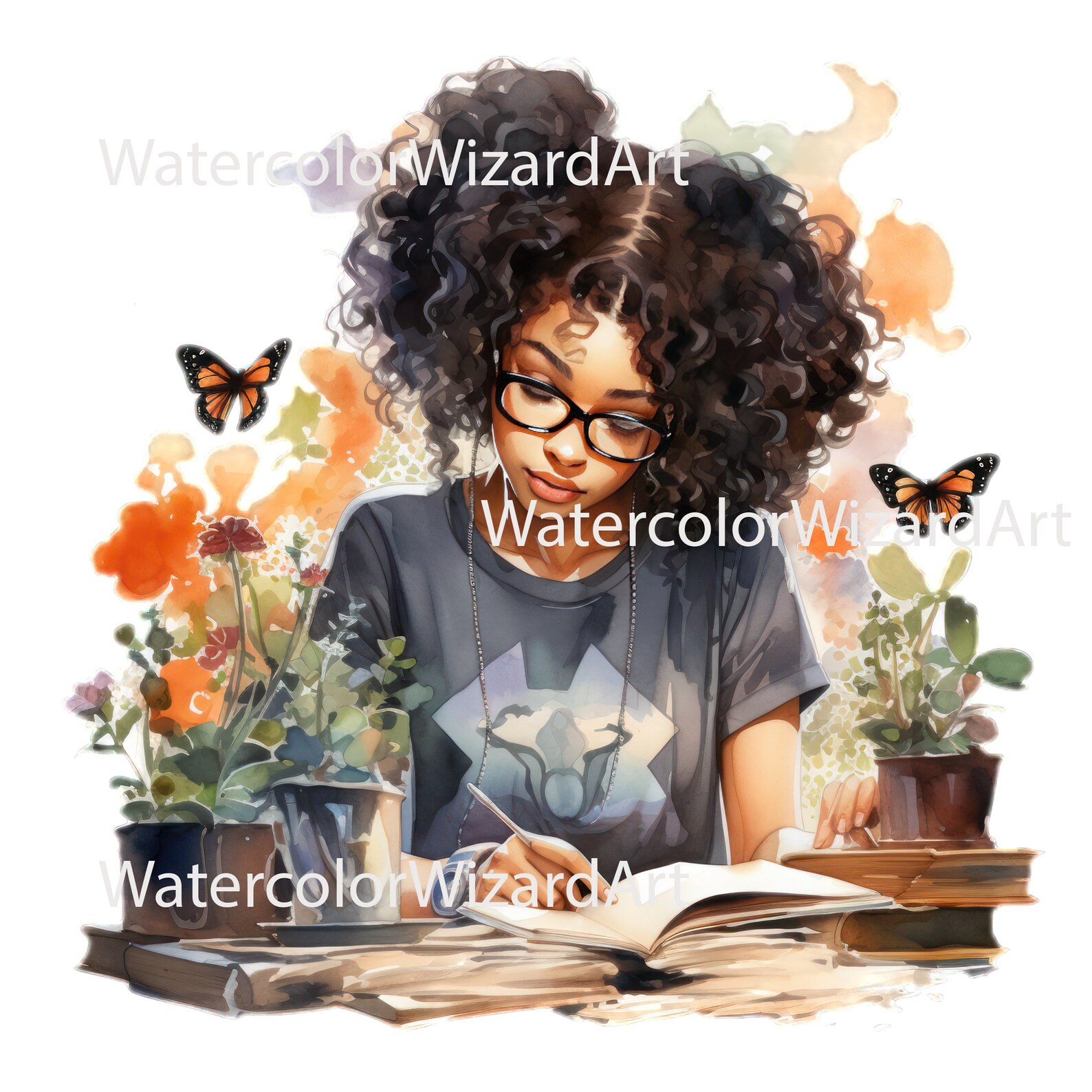 Watercolour Black Girl Student Clipart, Girl Writing, Reading Png ...