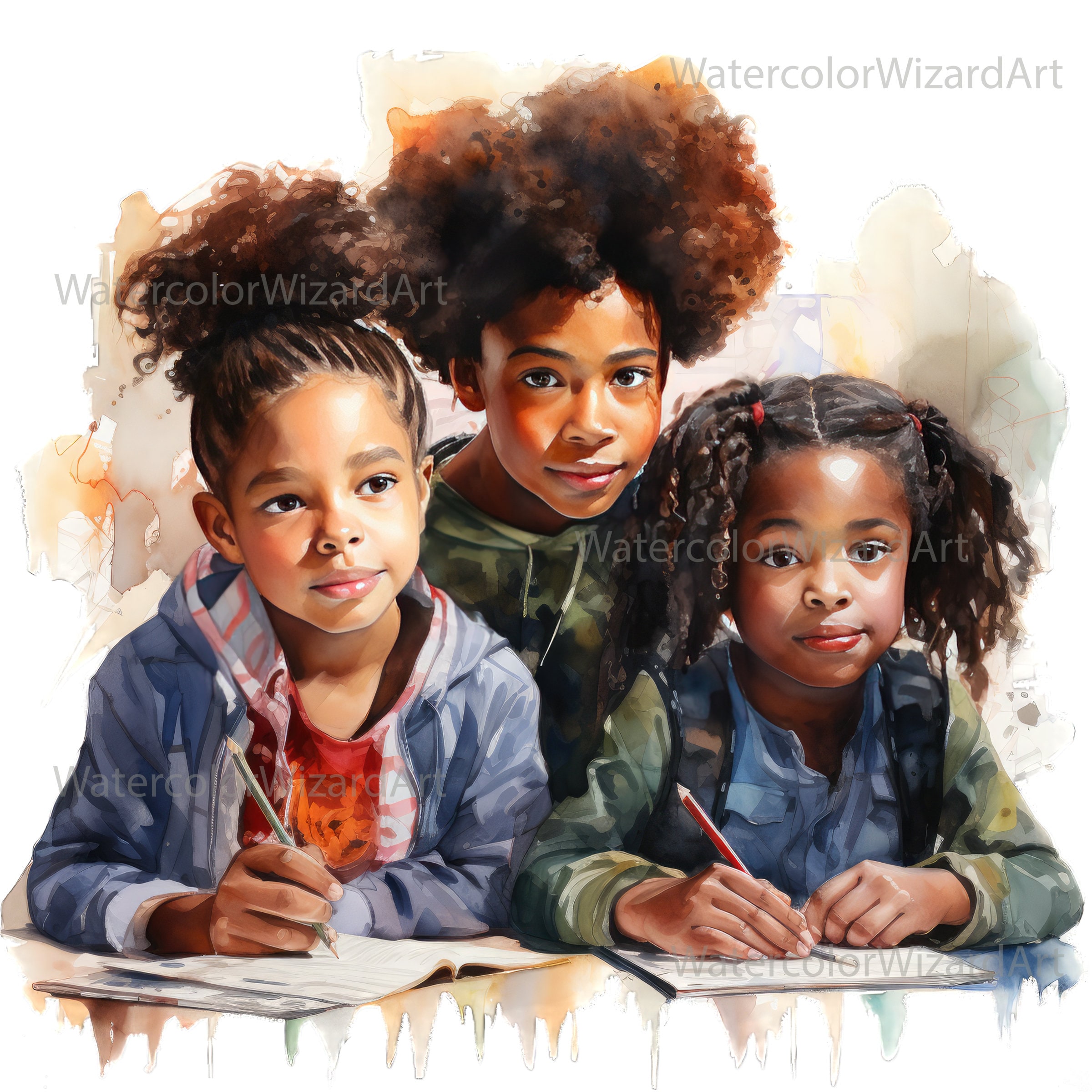 Watercolour African American School Kids Clipart, Black Kids Back to ...