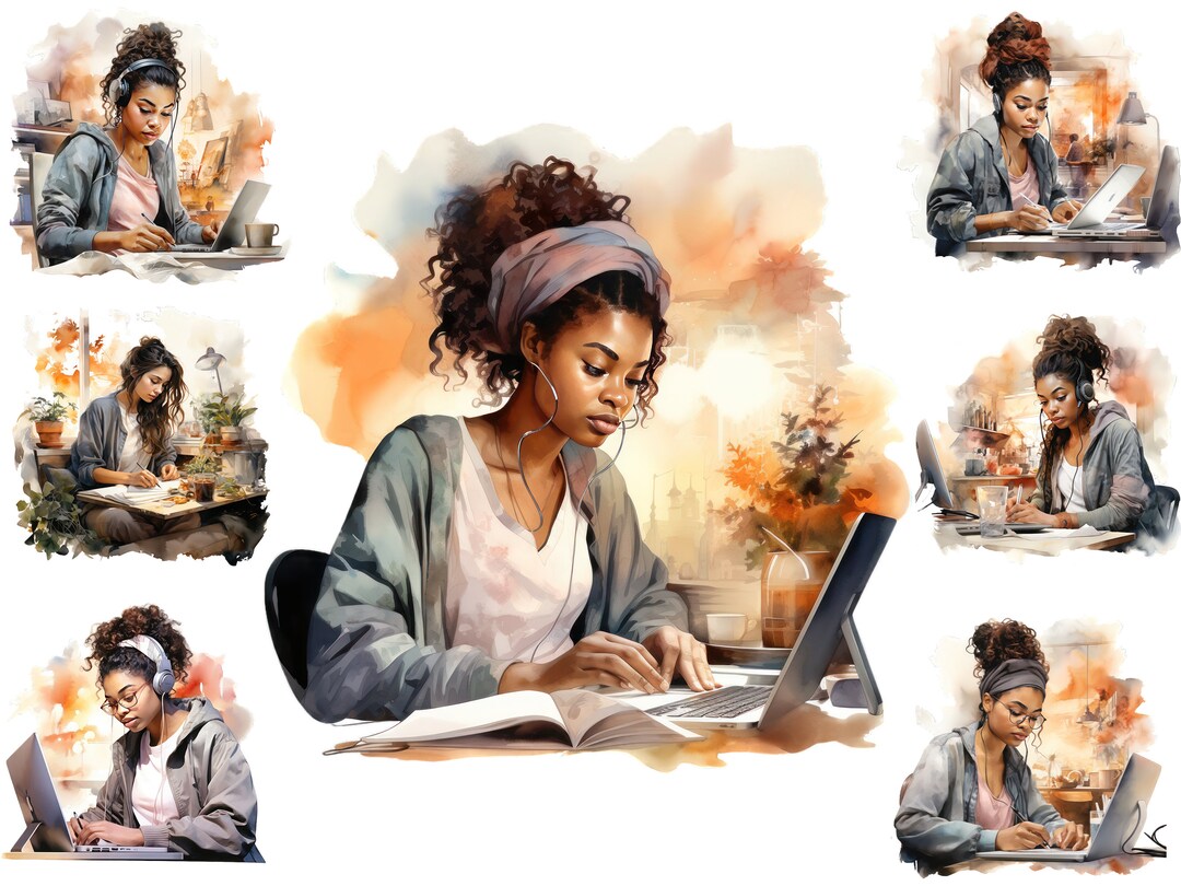 Watercolour Black Girl Student Clipart, Girl Writing, Reading Png ...