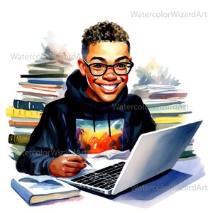 Watercolour Black Boy Student Clipart, African American Boy Studying ...