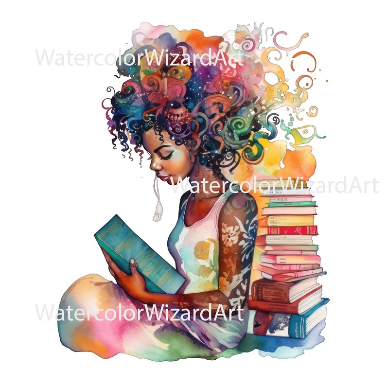 Watercolour Black Girl Reading Clipart, Girl Studying Clipart, Book ...